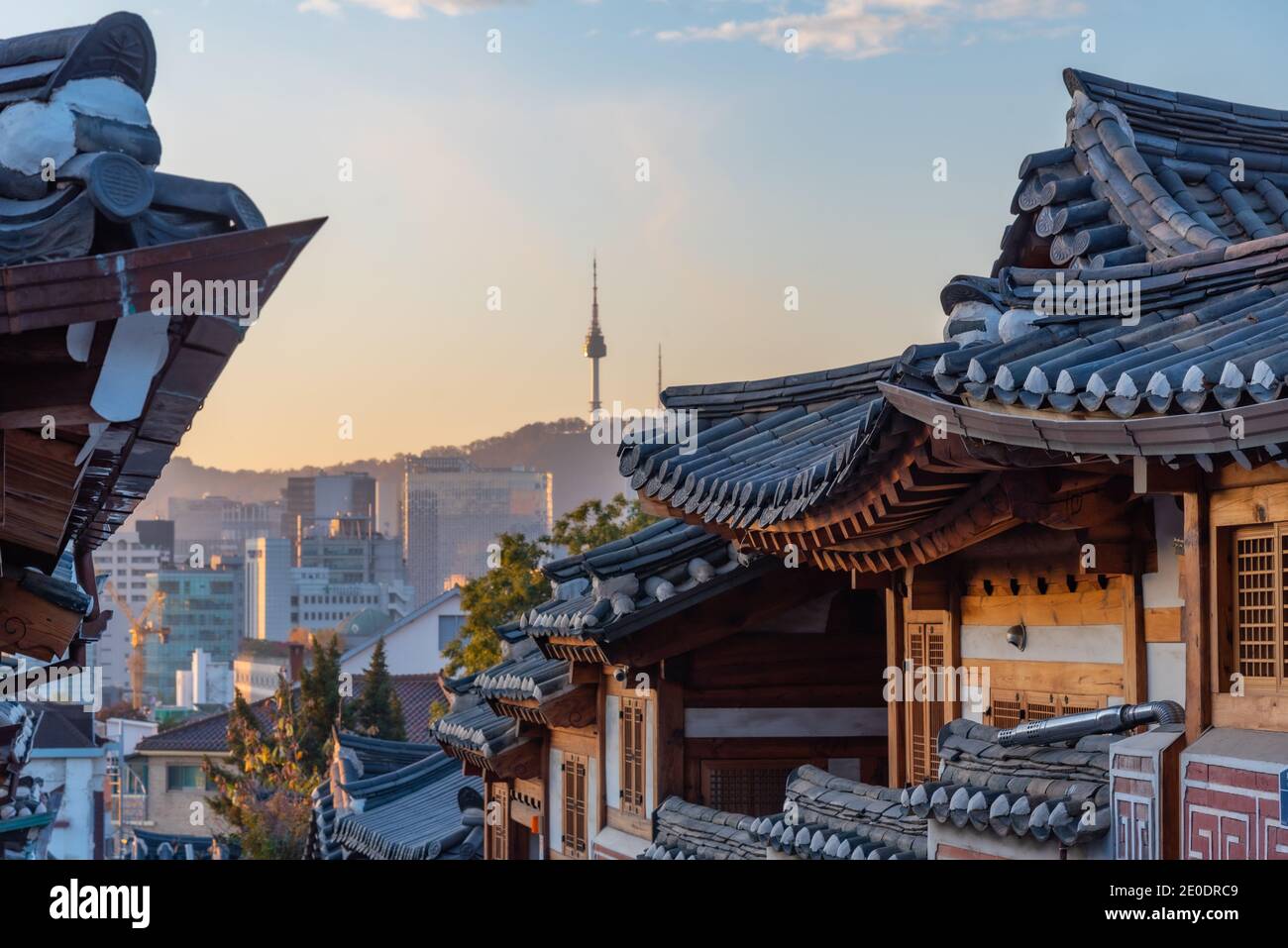 Namsan tower viewed from Bukchon hanok village in Seoul, Republic of ...