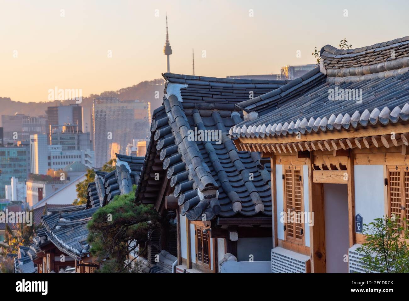 Namsan tower viewed from Bukchon hanok village in Seoul, Republic of ...