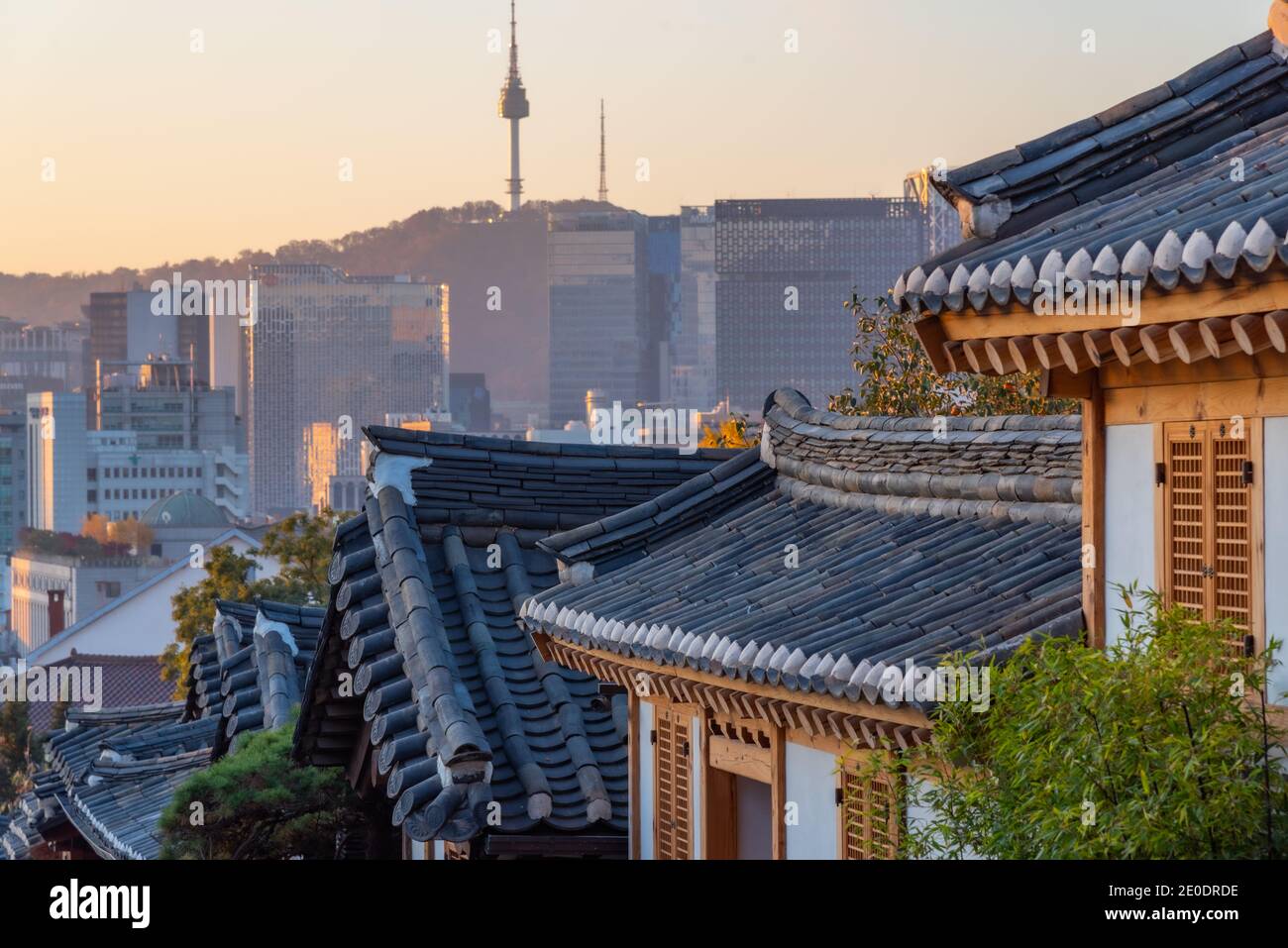 Namsan tower viewed from Bukchon hanok village in Seoul, Republic of ...