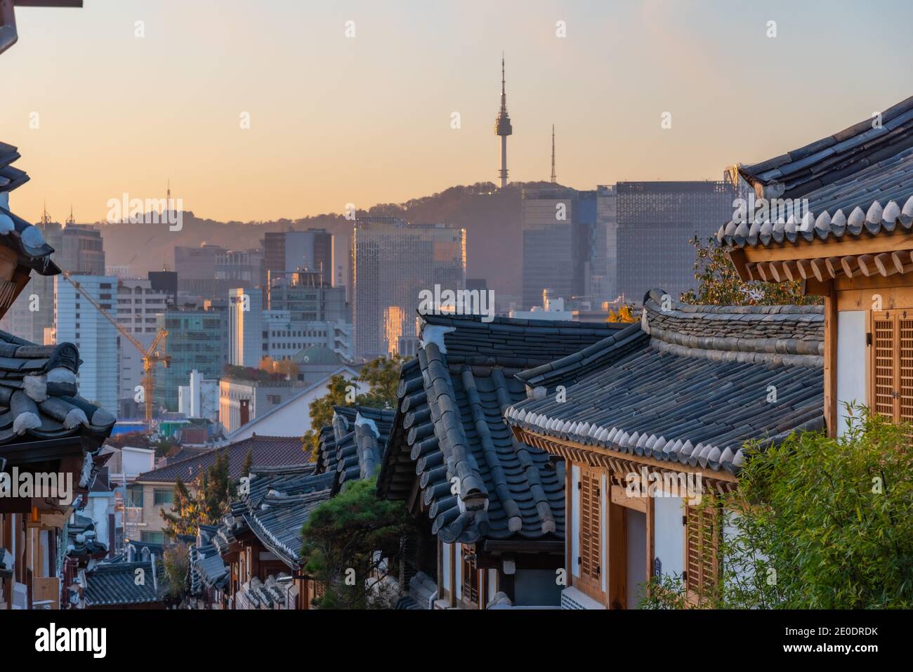Namsan tower viewed from Bukchon hanok village in Seoul, Republic of ...