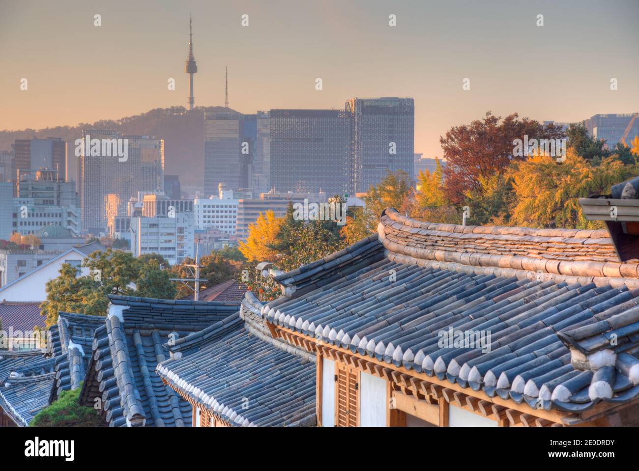 Namsan tower viewed from Bukchon hanok village in Seoul, Republic of ...