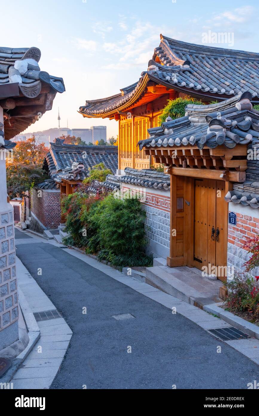 Namsan tower viewed from Bukchon hanok village in Seoul, Republic of ...