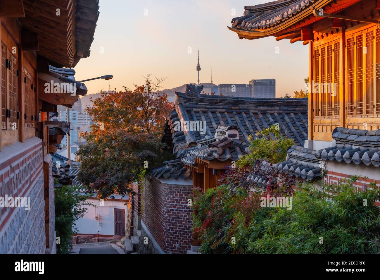 Namsan tower viewed from Bukchon hanok village in Seoul, Republic of ...