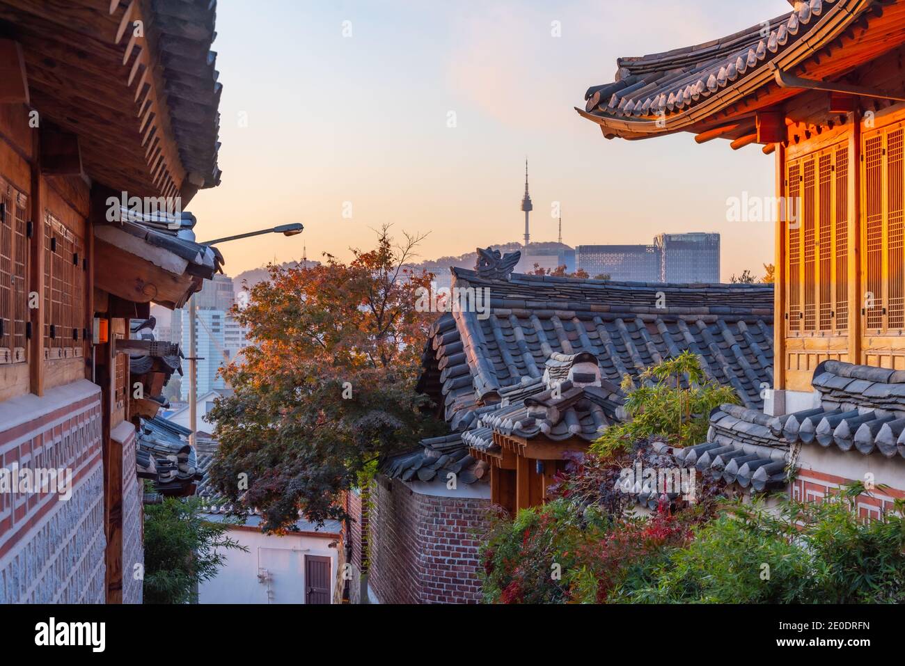 Namsan tower viewed from Bukchon hanok village in Seoul, Republic of ...