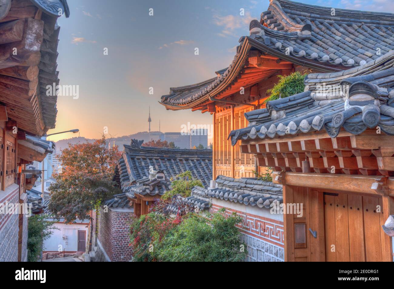 Namsan tower viewed from Bukchon hanok village in Seoul, Republic of ...