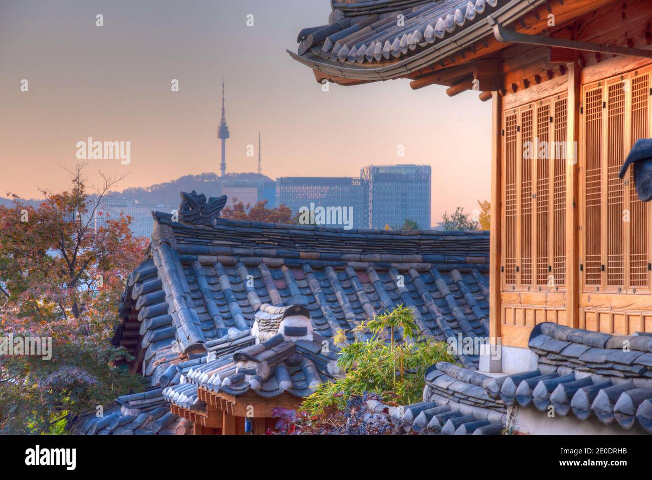 Namsan tower viewed from Bukchon hanok village in Seoul, Republic of ...