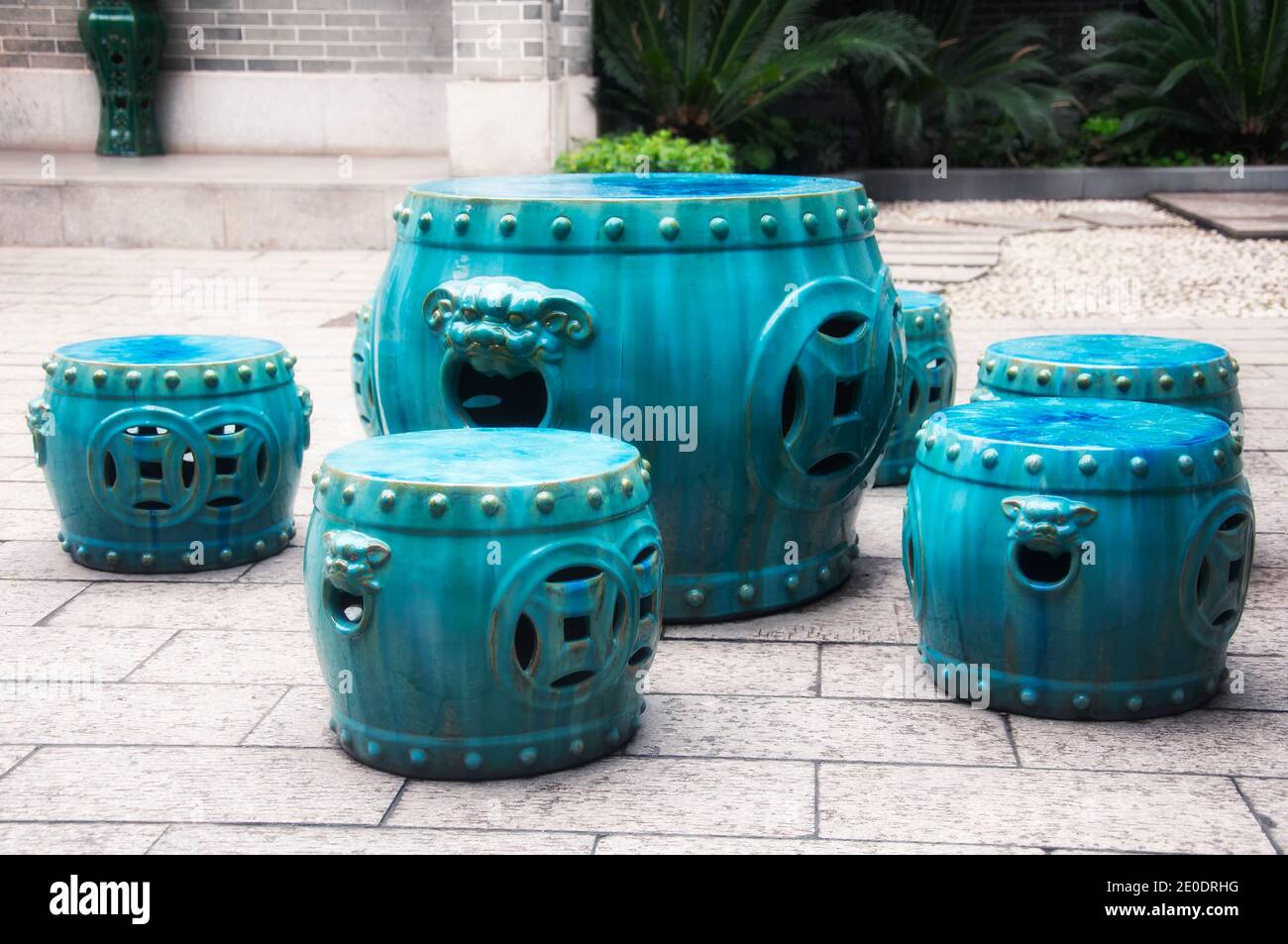 An outside chinese drum shaped table and chair set in Guangzhou China ...