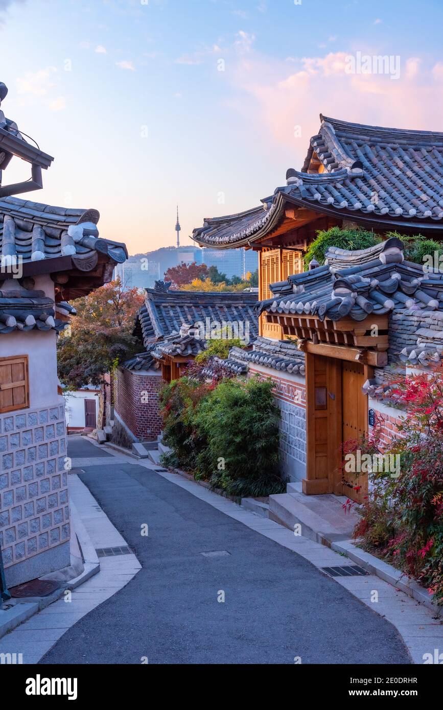 Namsan tower viewed from Bukchon hanok village in Seoul, Republic of ...