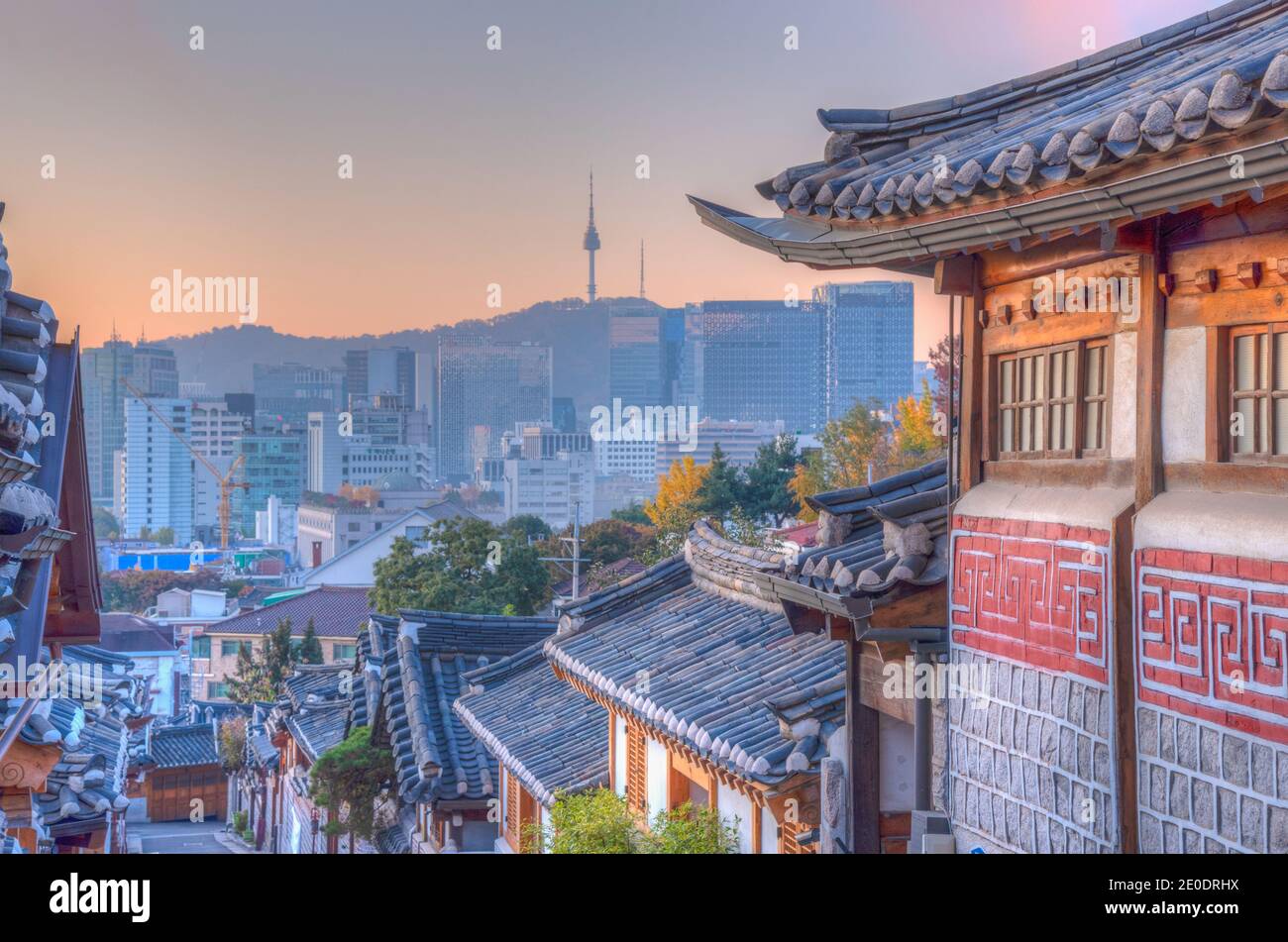 Namsan tower viewed from Bukchon hanok village in Seoul, Republic of ...