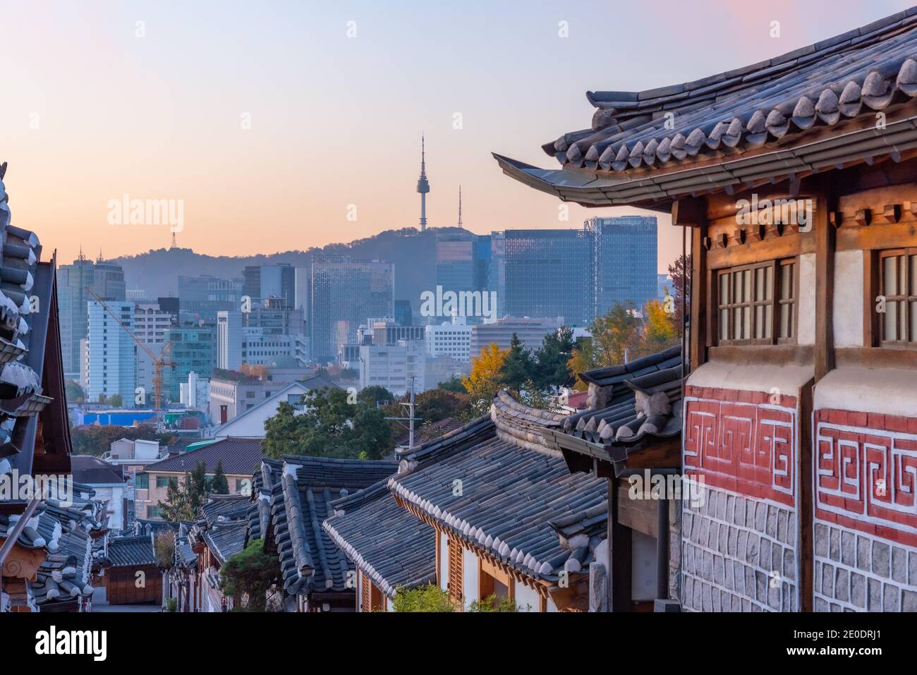 Namsan tower viewed from Bukchon hanok village in Seoul, Republic of ...