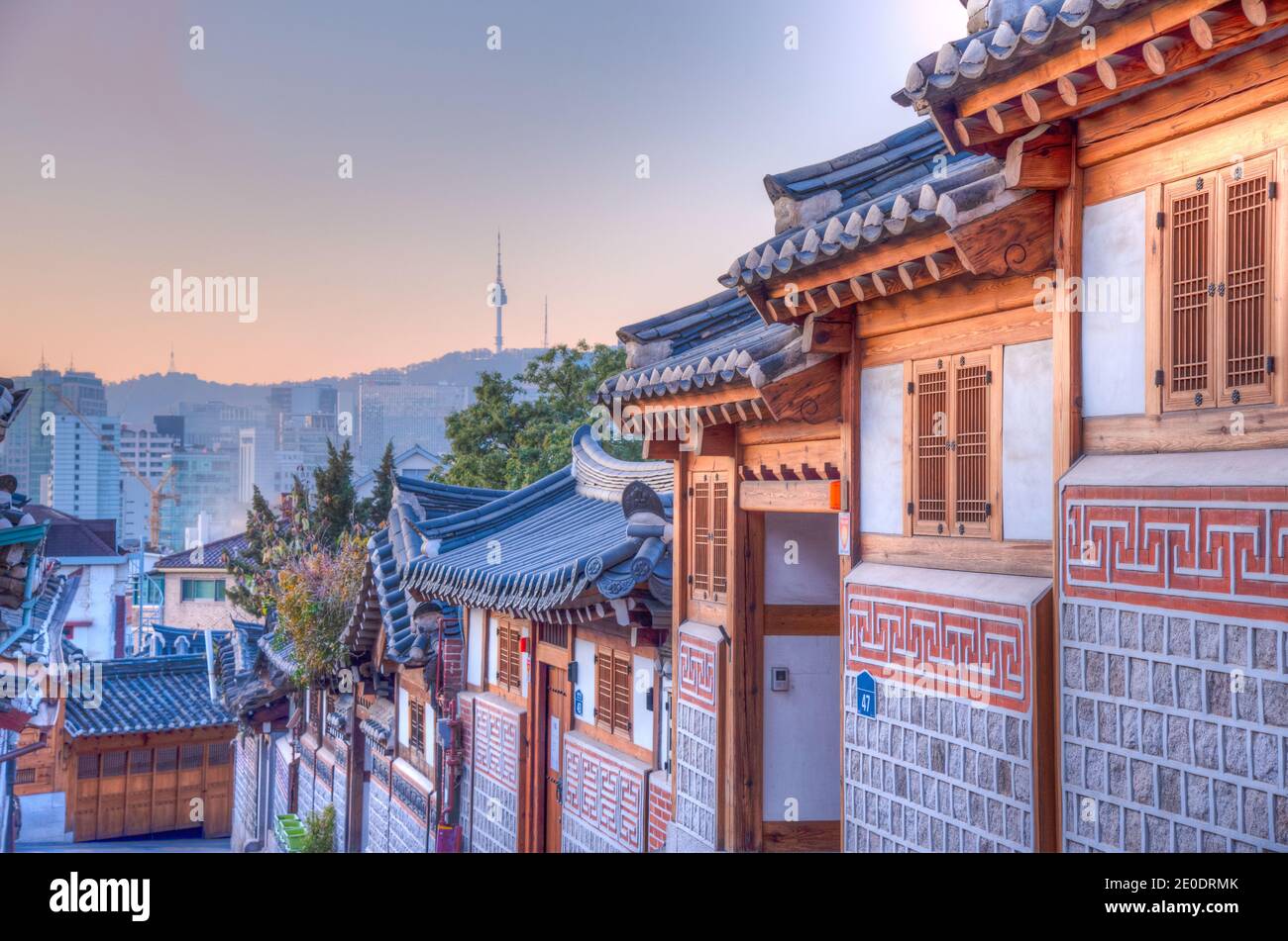 Namsan tower viewed from Bukchon hanok village in Seoul, Republic of ...