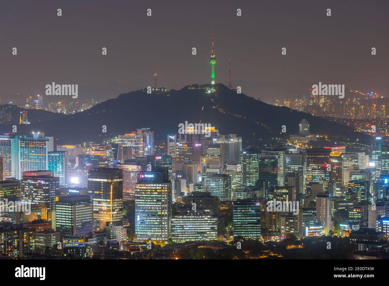 Night view of Namsan tower overlooking downtown Seoul, Republic of ...