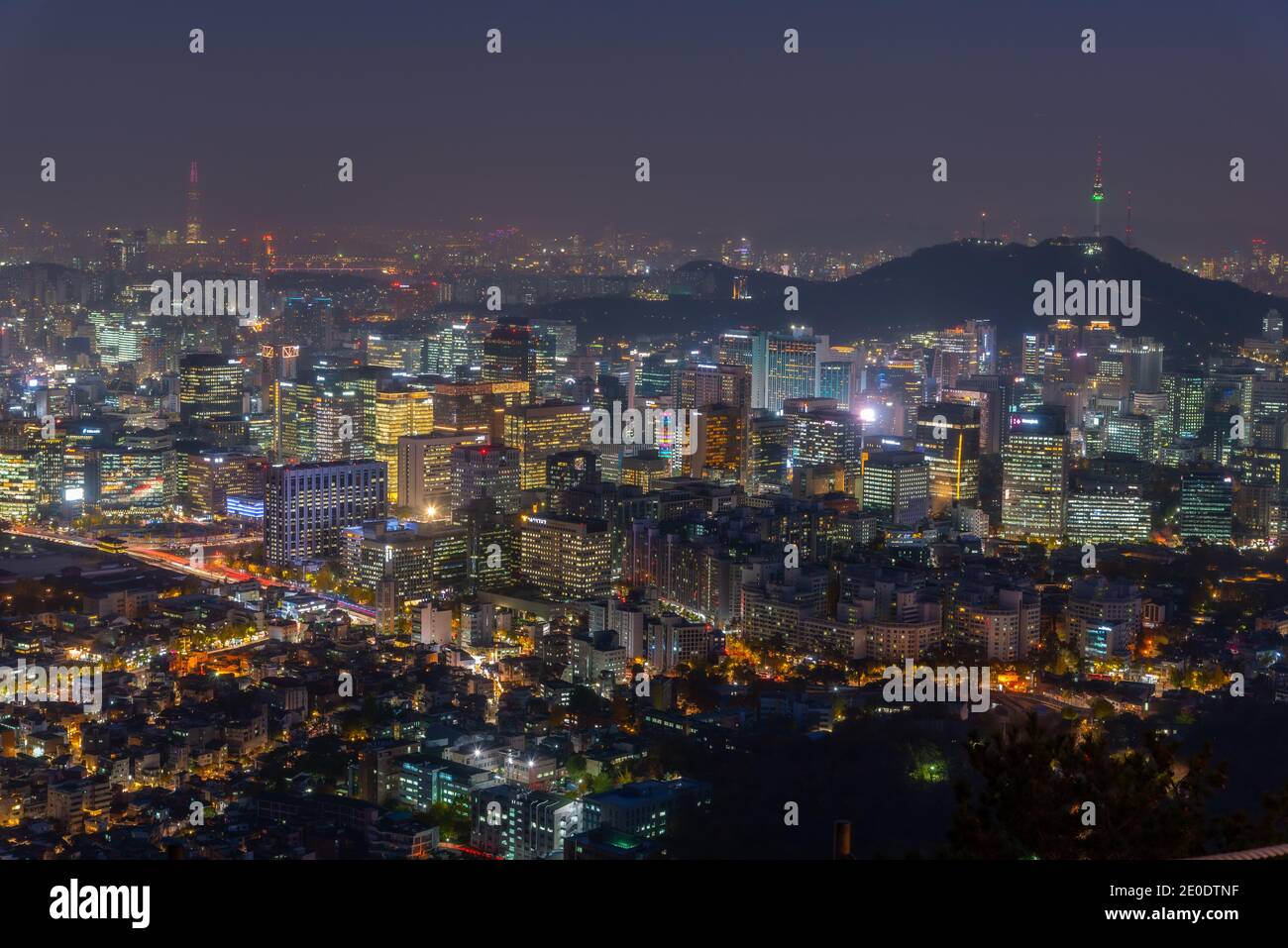 Night view of Namsan tower overlooking downtown Seoul, Republic of ...