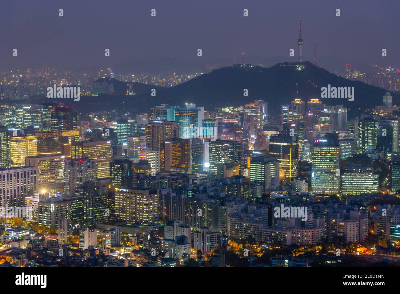 Night view of Namsan tower overlooking downtown Seoul, Republic of ...