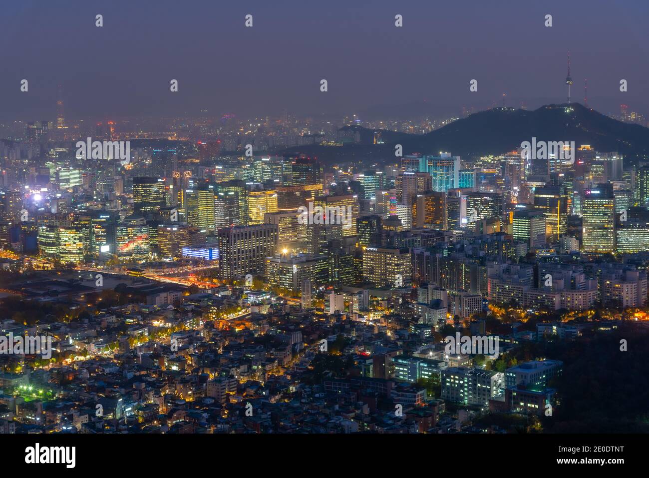 Night view of Namsan tower overlooking downtown Seoul, Republic of ...