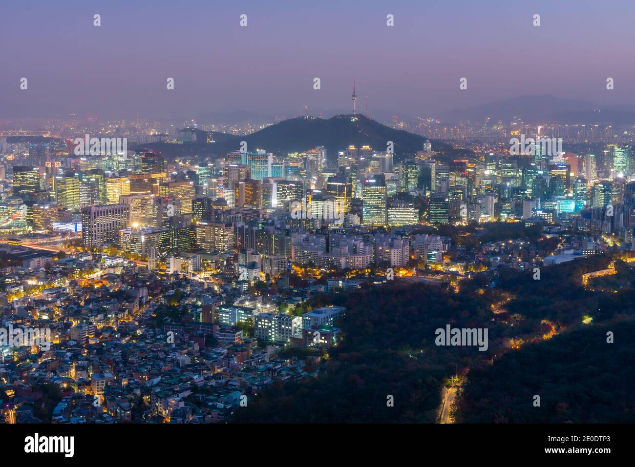 Night view of Namsan tower overlooking downtown Seoul, Republic of ...