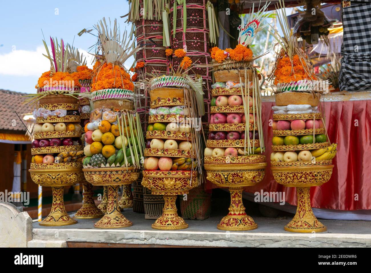 Flower and fruit offering with flowers for a hindu worship ceremony in ...