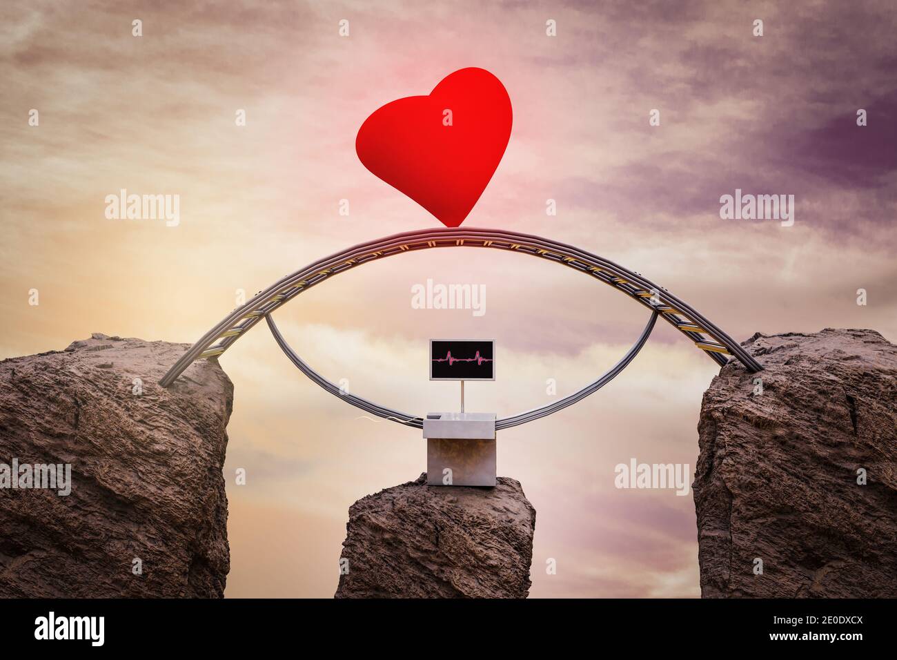 Electrocardiogram cables in a shape of bridge with a red heart on it at ...