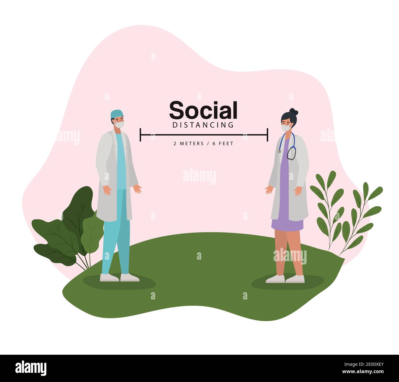 social distancing, two meters and six feet lettering with one doctor ...
