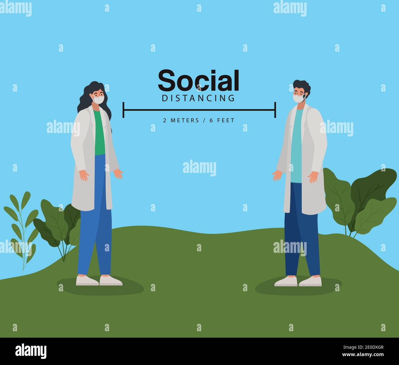 social distancing, two meters and six feet lettering with one doctor ...