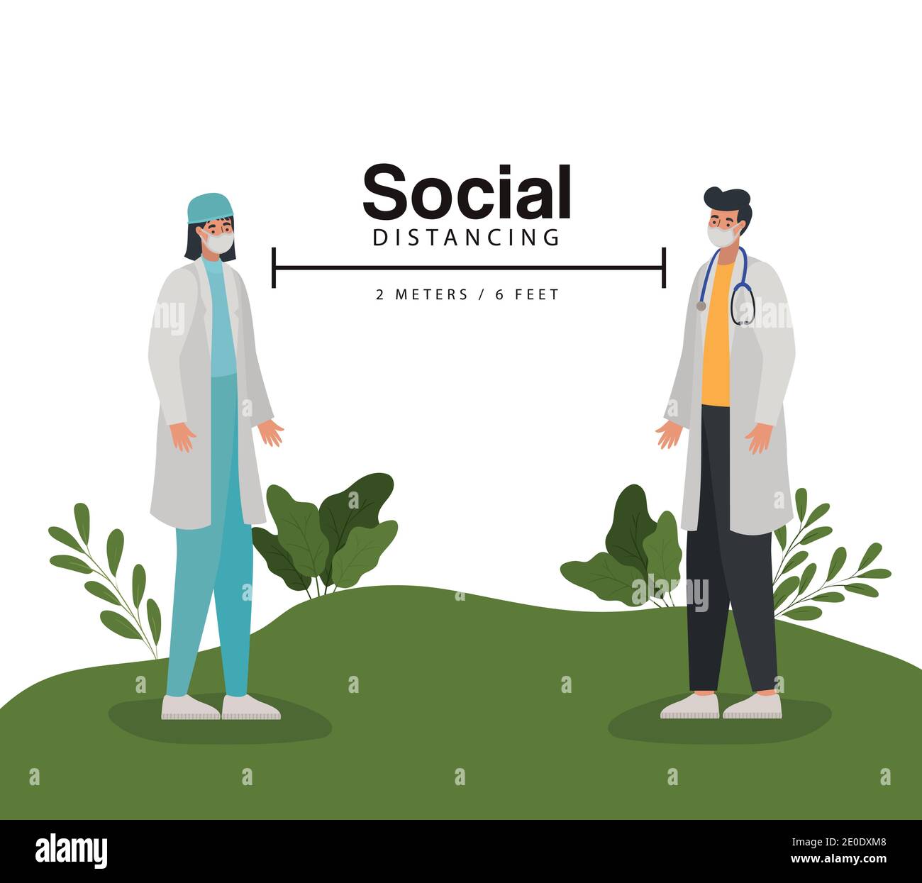 social distancing, two meters and six feet lettering with one doctor ...