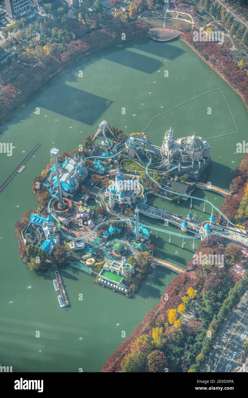 Aerial view of Lotte World Magic Island in Seoul, Republic of Korea ...