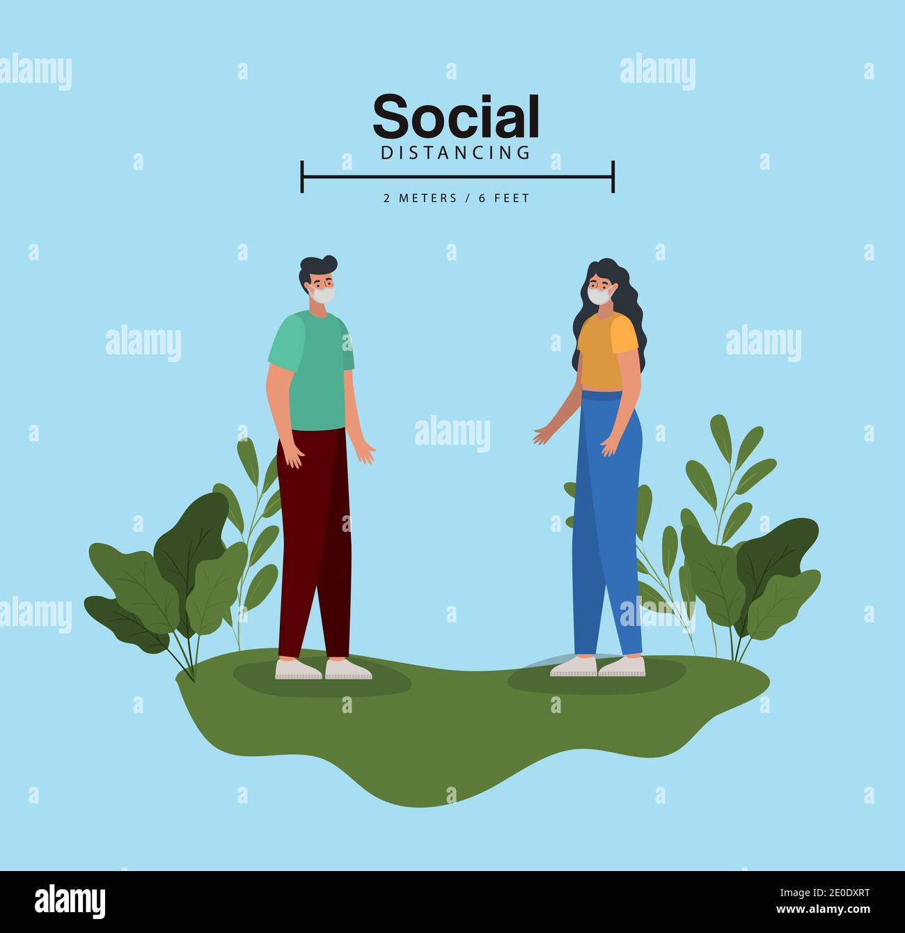 social distancing, two meters and six feet lettering with one man and ...