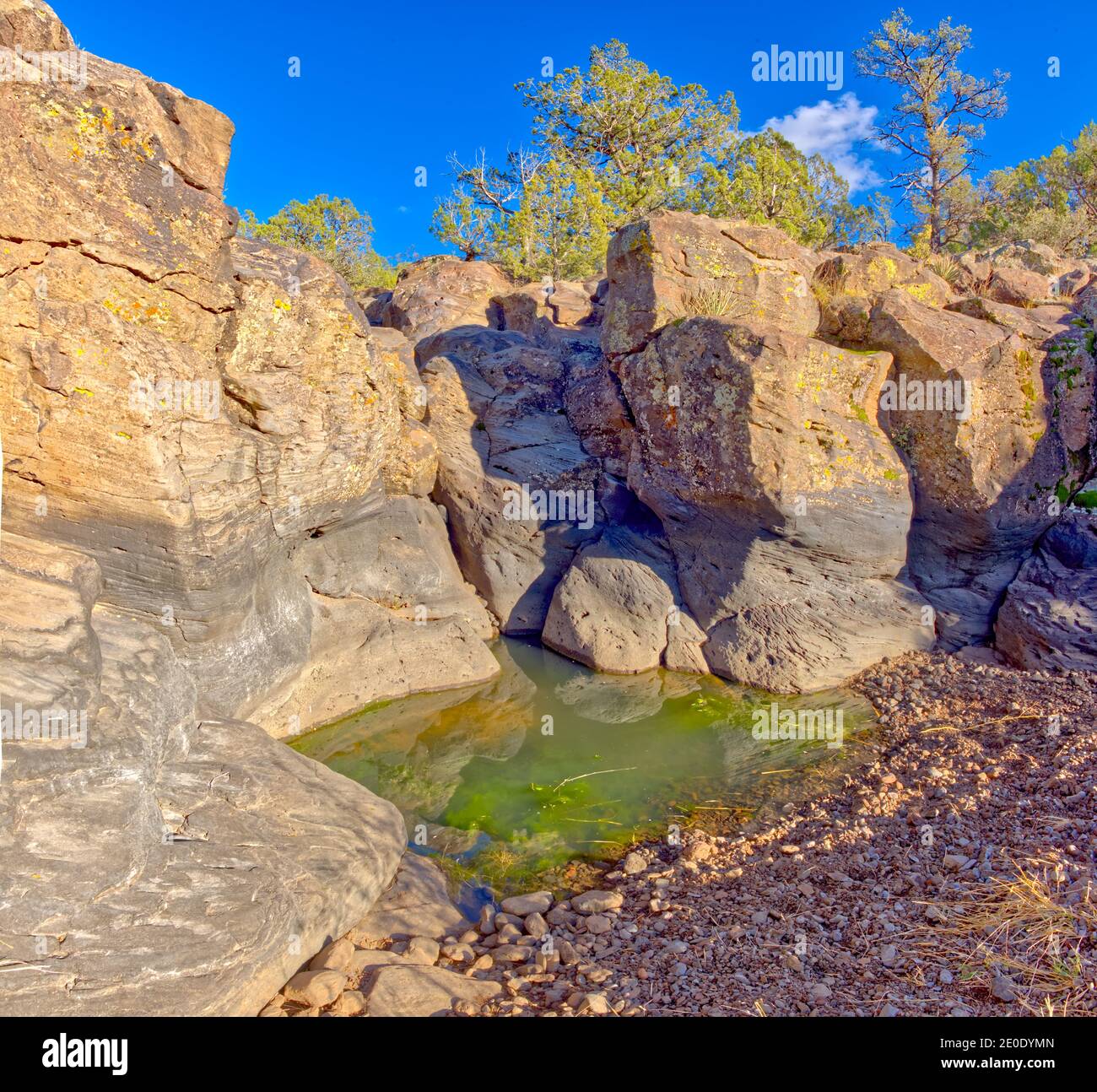 A reflecting pool at the bottom of a dry waterfall that is the head of ...