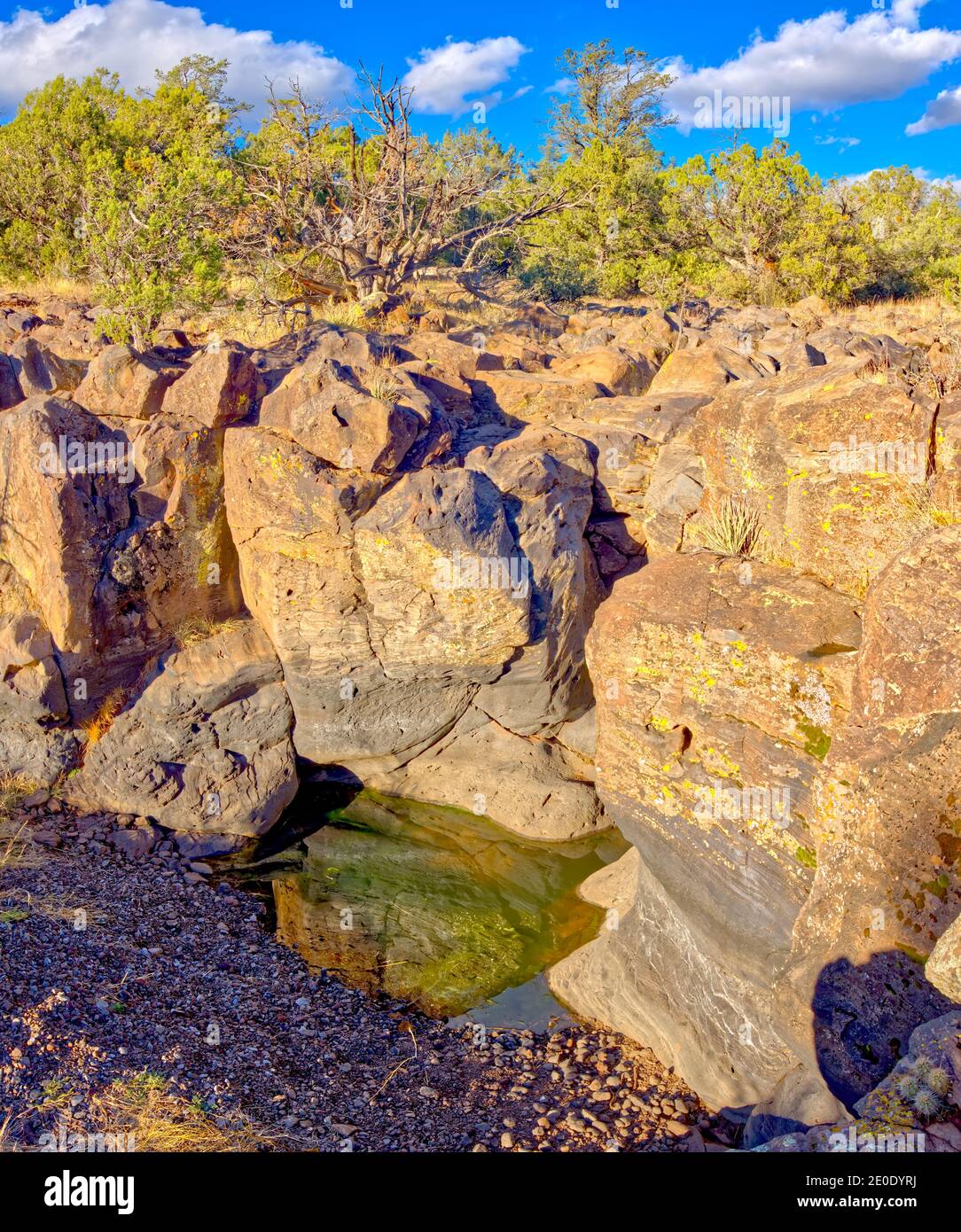 A reflecting pool at the bottom of a dry waterfall that is the head of ...
