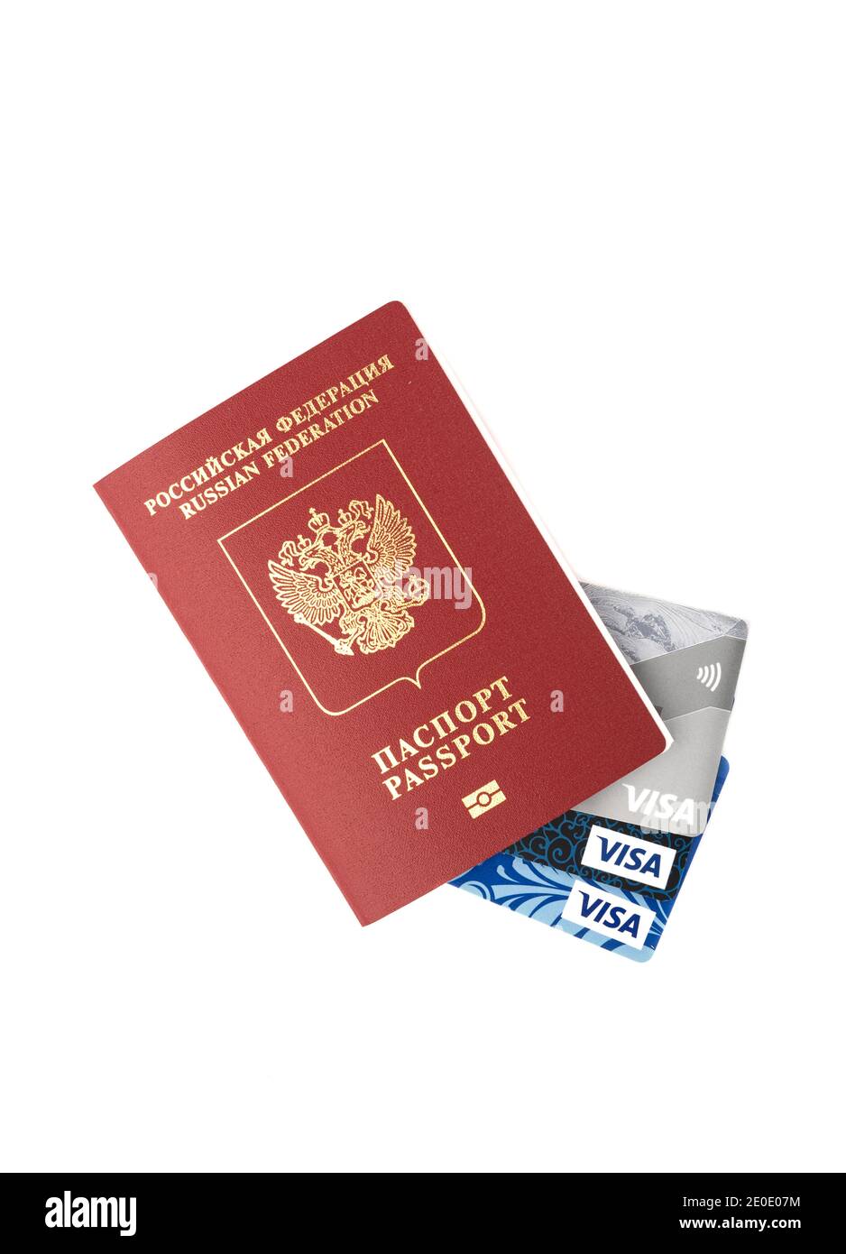 Moscow, Russia, December 31, 2020: Russian passport and credit cards of ...