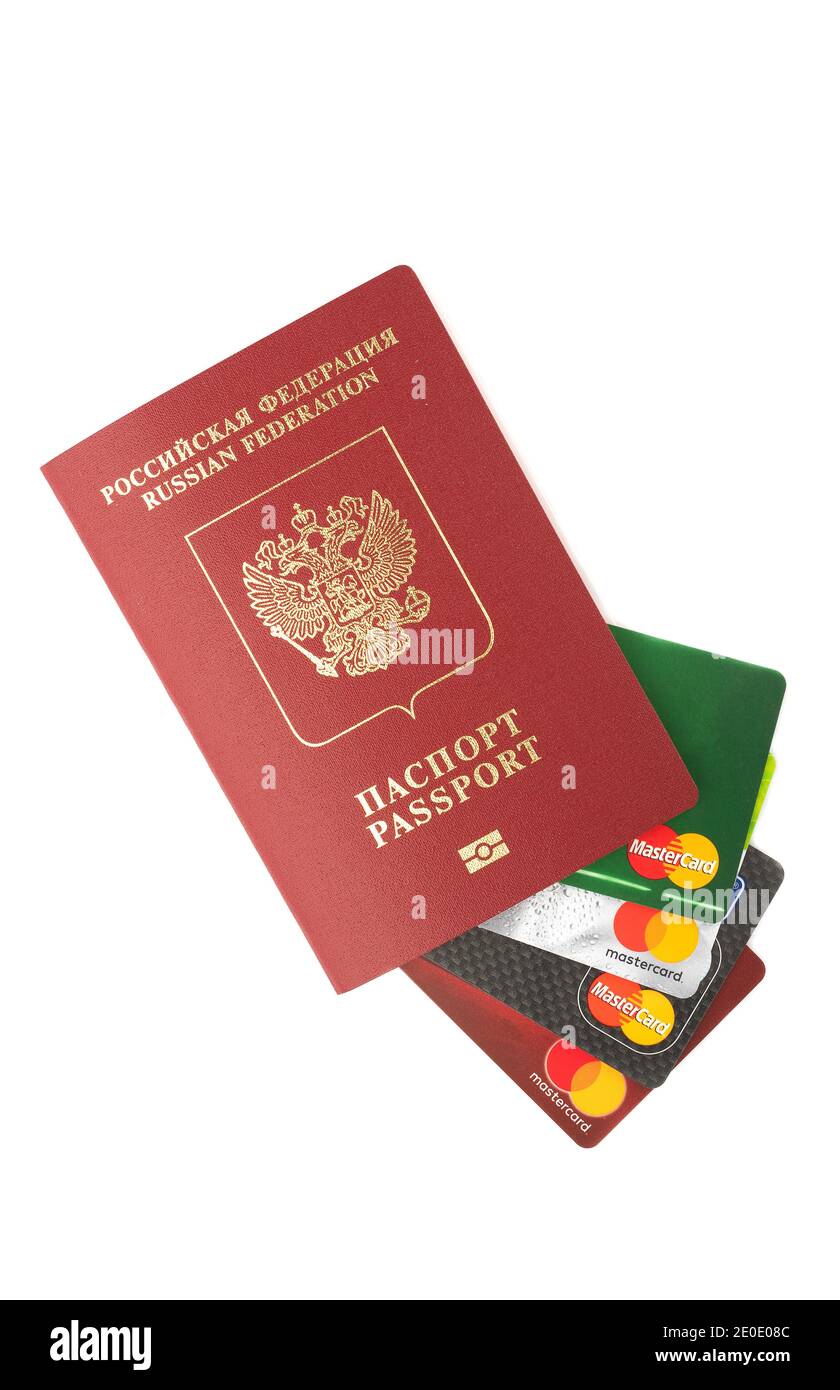 Moscow, Russia, December 31, 2020: Russian passport and credit cards of ...