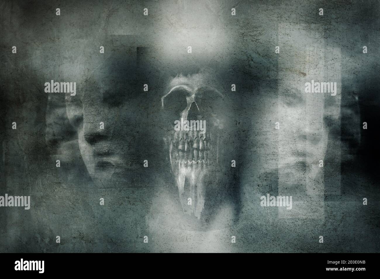 A horror concept of a scary skull. Over layered with a graveyard angel ...