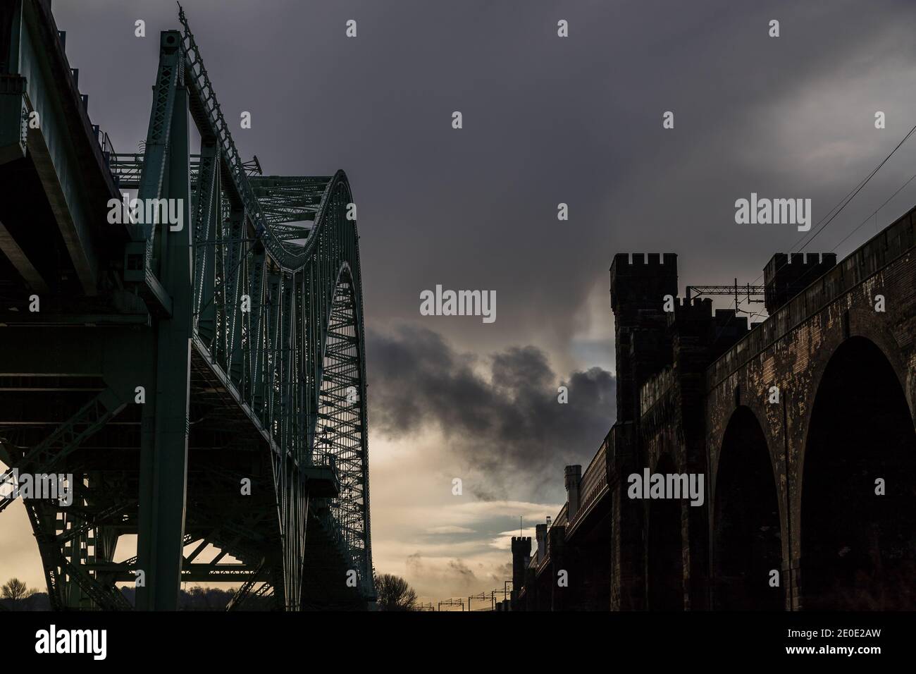 Looking up at the Runcorn Bridges (Silver Jubilee Bridge on the left ...
