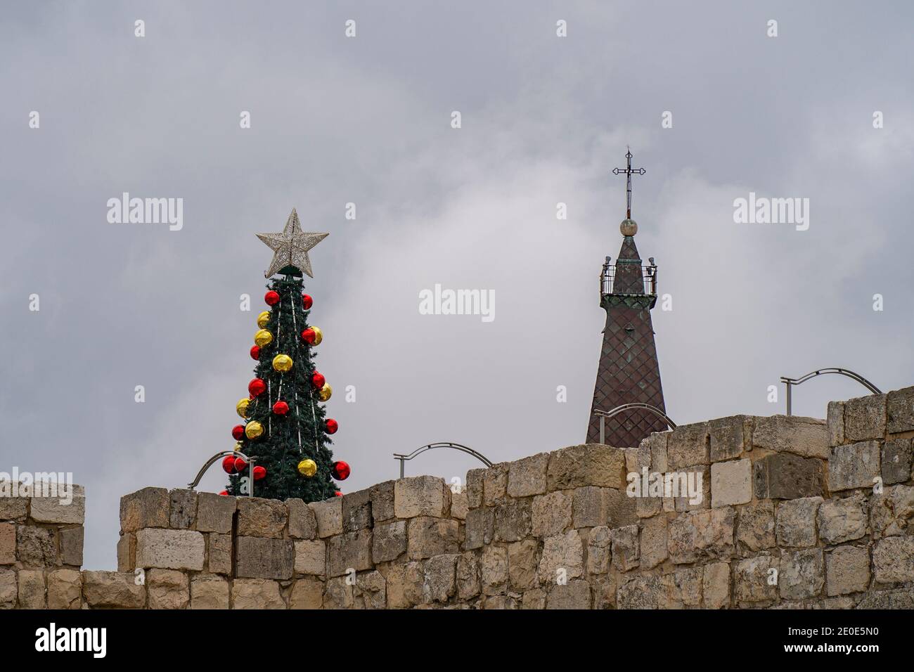 Jerusalem, Israel - December 17th, 2020: A decorated christmas tree and ...
