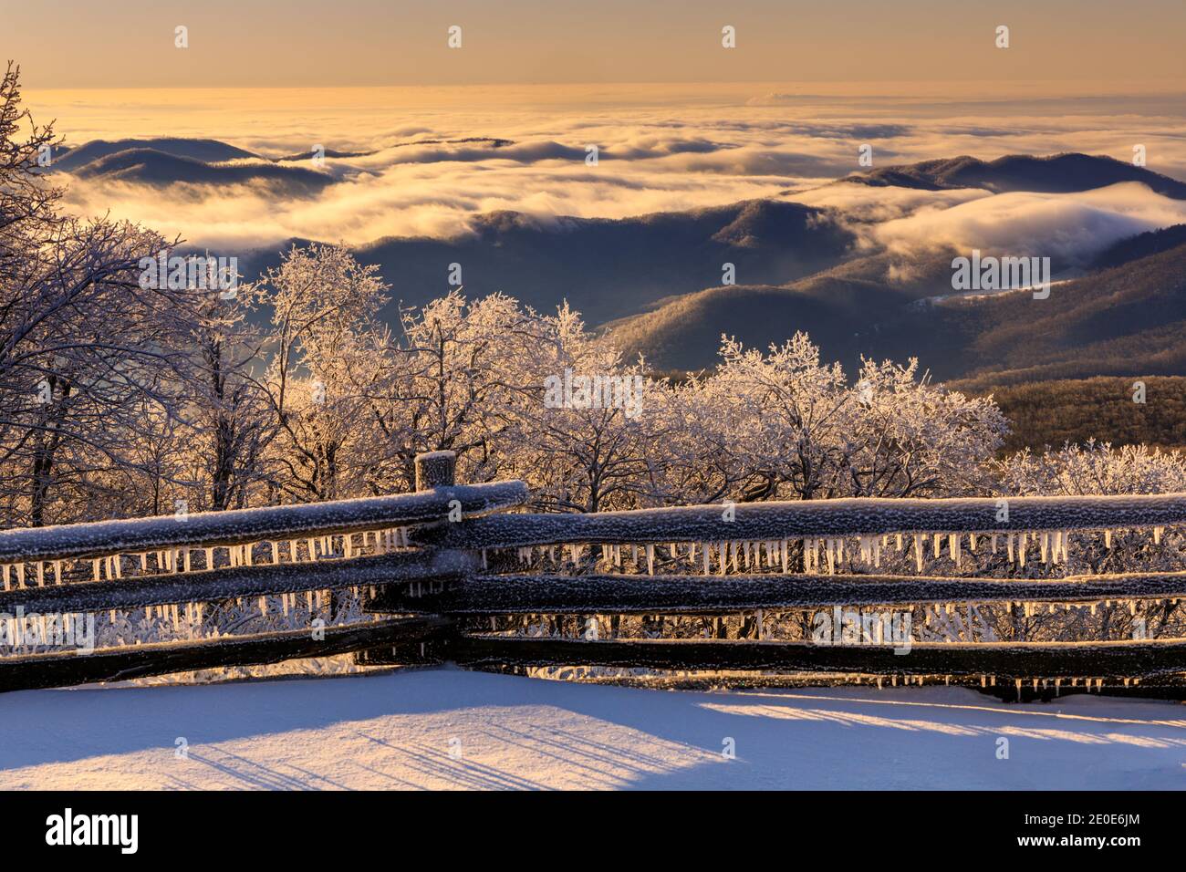 Devil’s Knob Overlook - Icicles hanging from split rail fence with snow ...