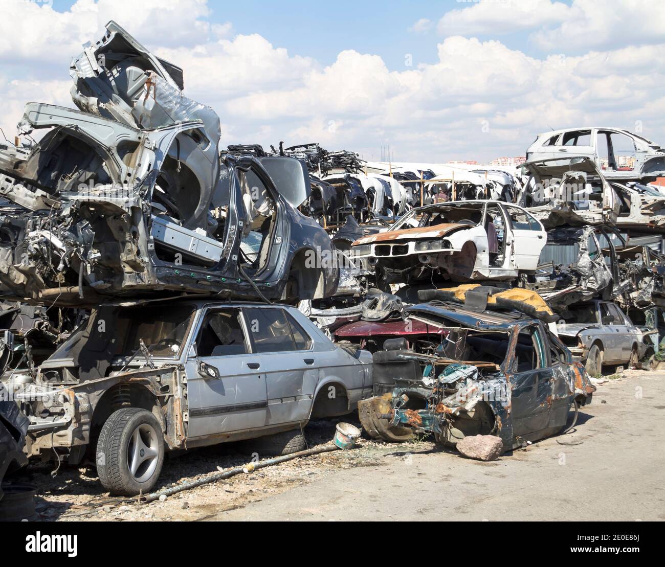 Car bodies stacked at the junkyard Stock Photo - Alamy