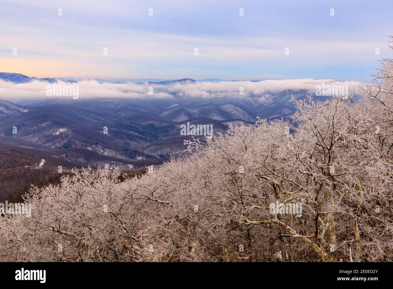 Devil's Knob Overlook – Cloudy day view of snow covered Blue Ridge ...