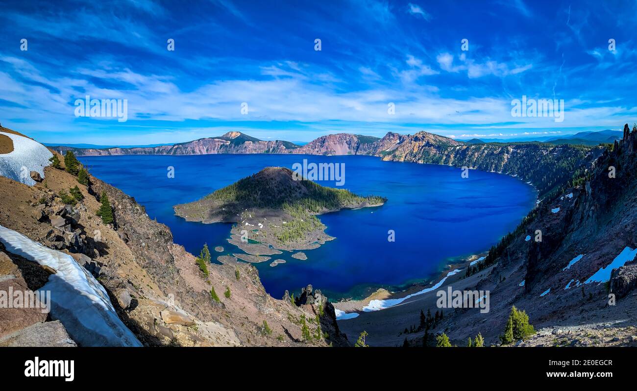 Crater Lake and Wizard Island viewed from west side, at watchman ...