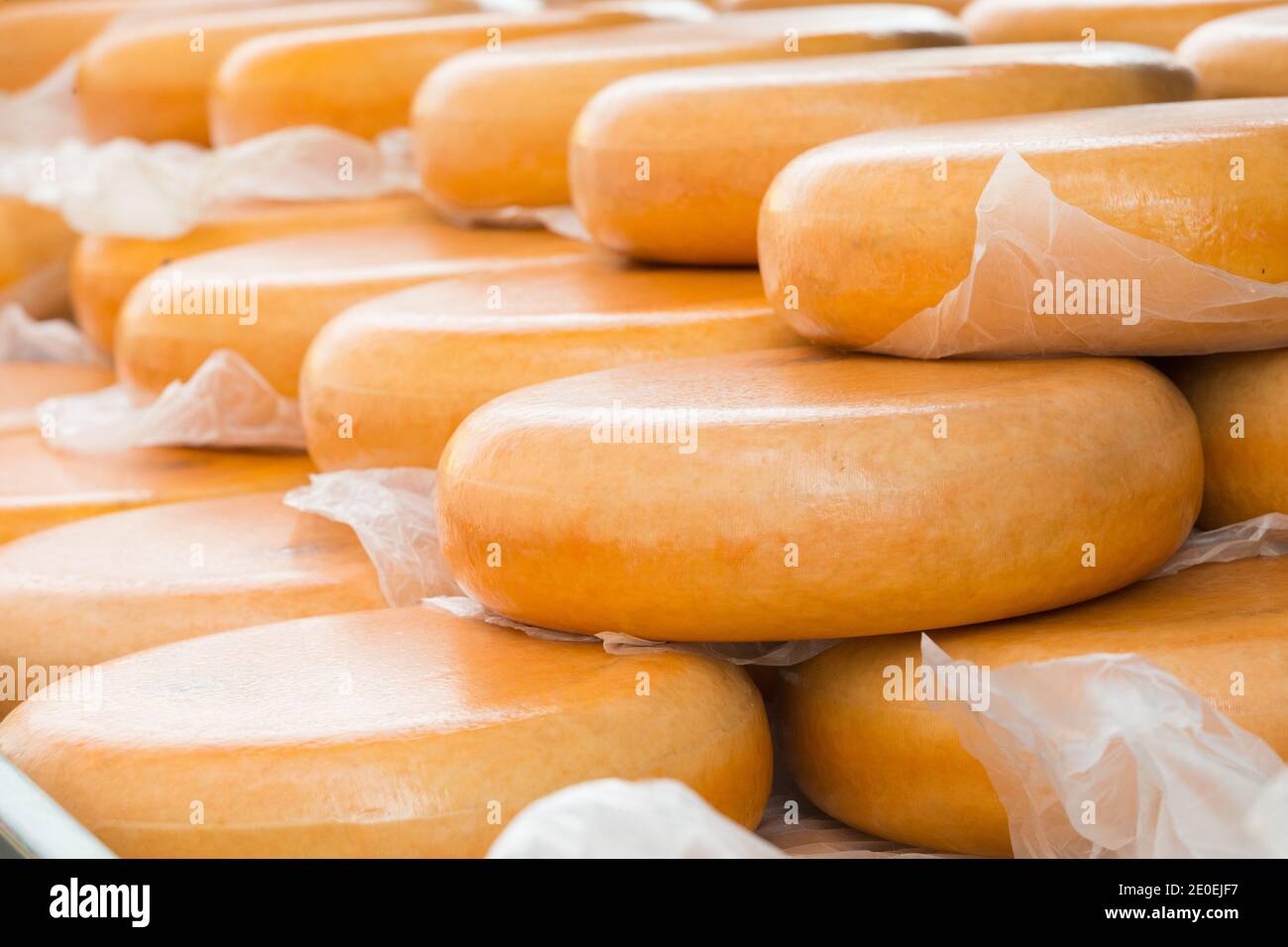 Wheels of Gouda Cheese stacked in a wagon after the market Stock Photo ...