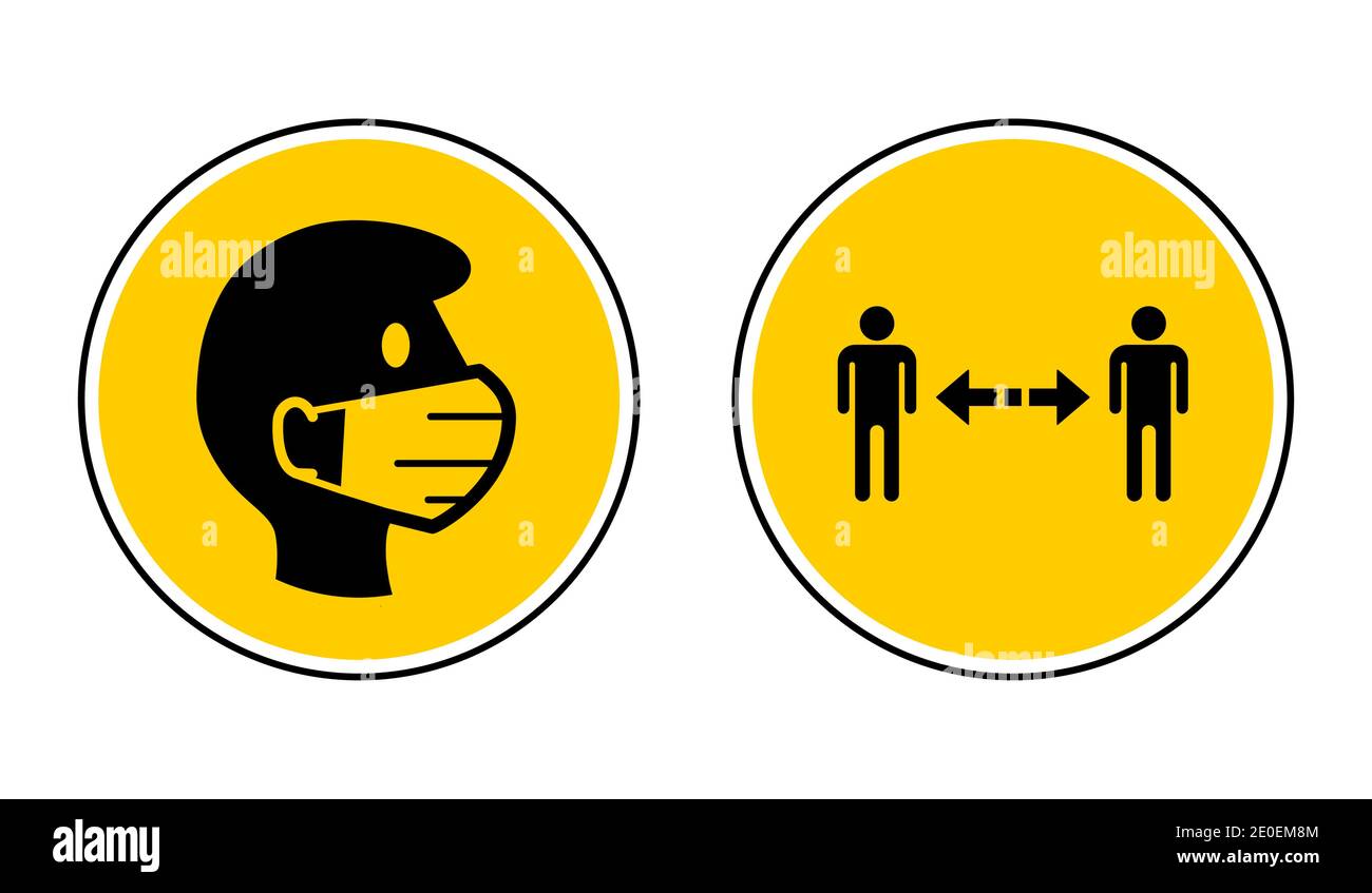 Wear a Face Mask and Keep Your Distance Round Warning or Instruction ...