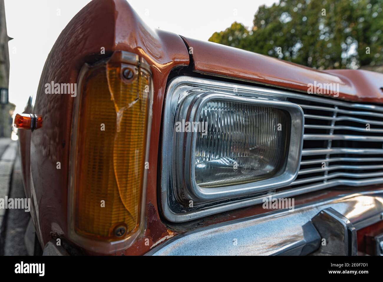 Details of an historic American car, front car light and direction ...