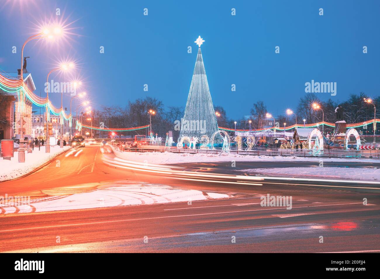 Christmas Tree And Festive Illumination On Lenin Square In Gomel. New ...