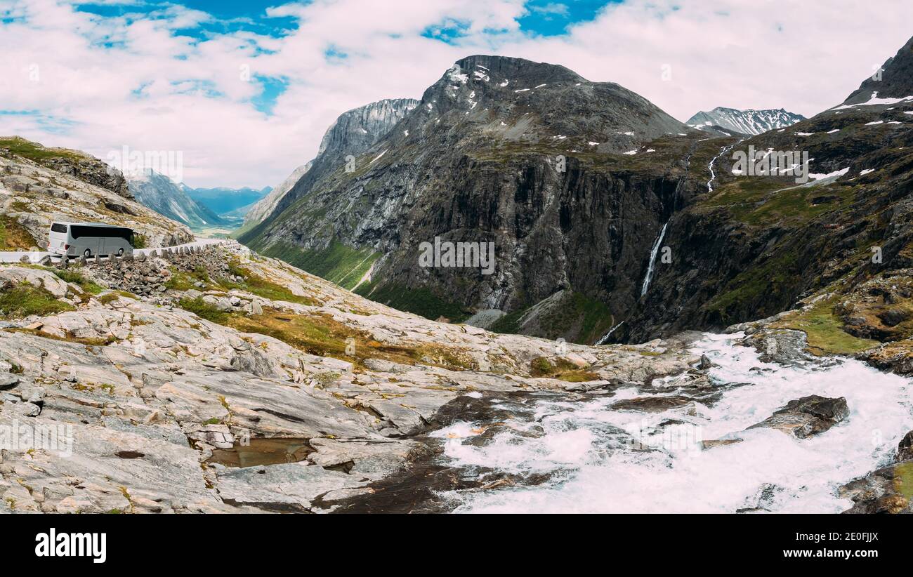 Trollstigen, Andalsnes, Norway. Bus Goes On Road Near Stigfossen ...
