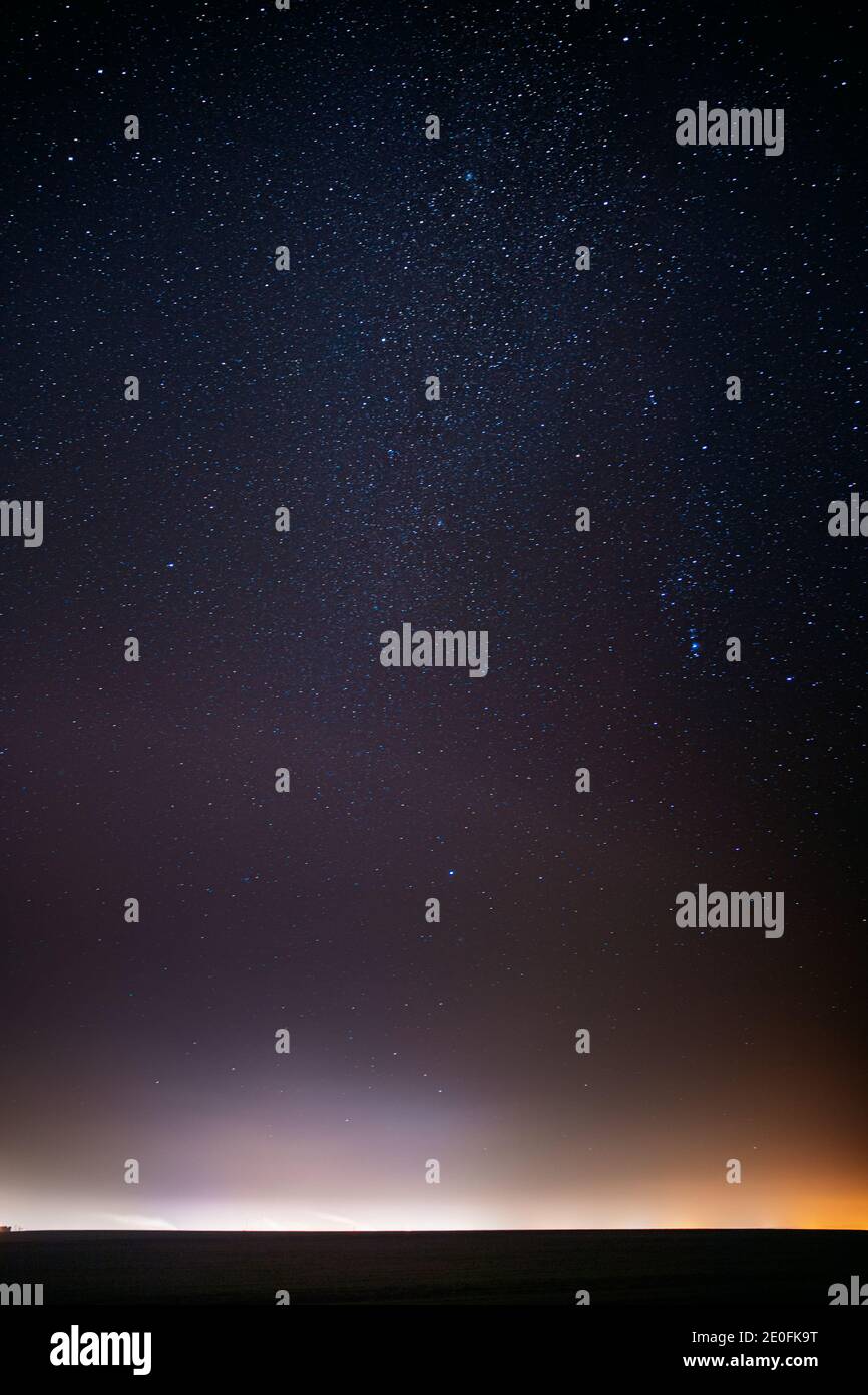 Night Starry Sky With Glowing Stars Above Countryside Landscape. Milky ...