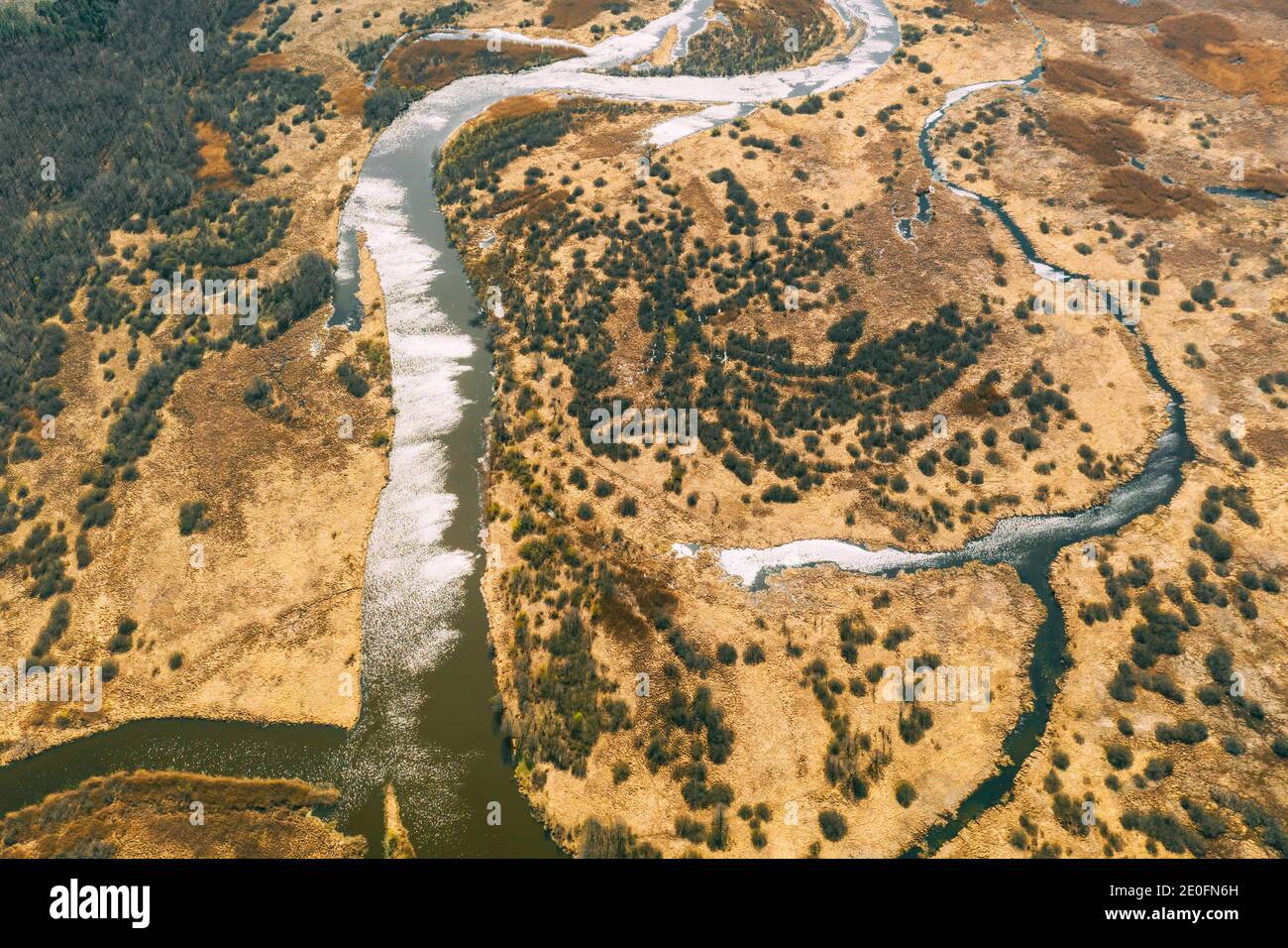 Aerial View Curved River In Early Spring Landscape. River bends Curves ...