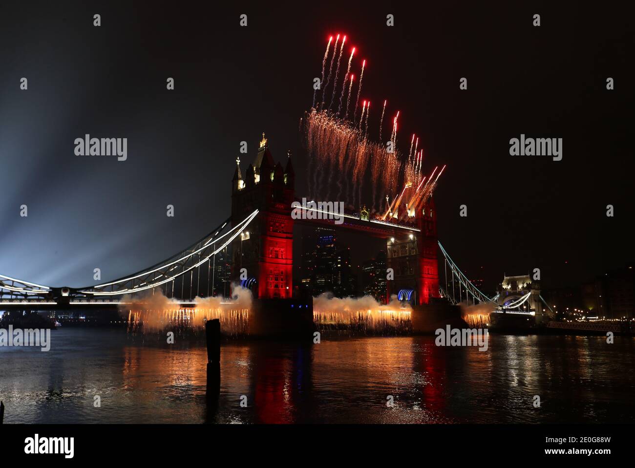 A light display over the River Thames and fireworks on Tower Bridge in ...