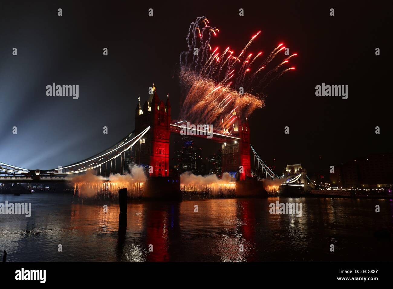 A light display over the River Thames and fireworks on Tower Bridge in ...