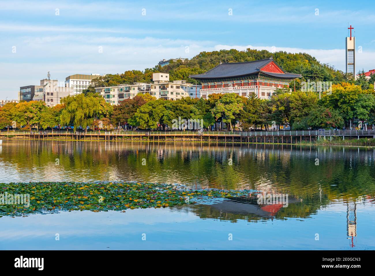 Church reflected on a pond at Duryu park at Daegu, Republic of Korea ...
