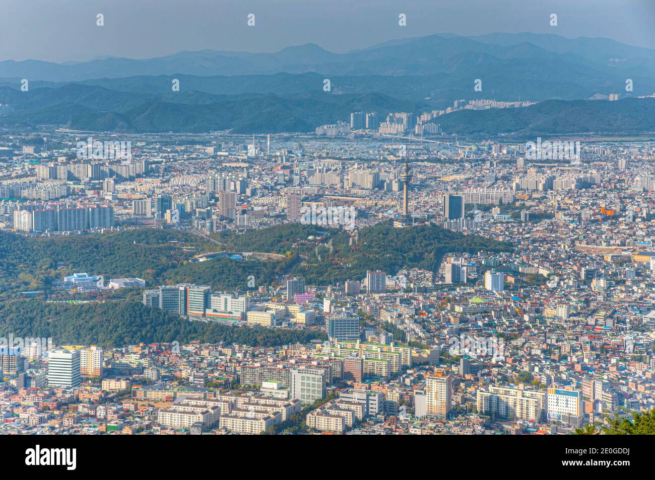 Aerial view of 83 tower from Apsan mountain in Daegu, Republic of Korea ...