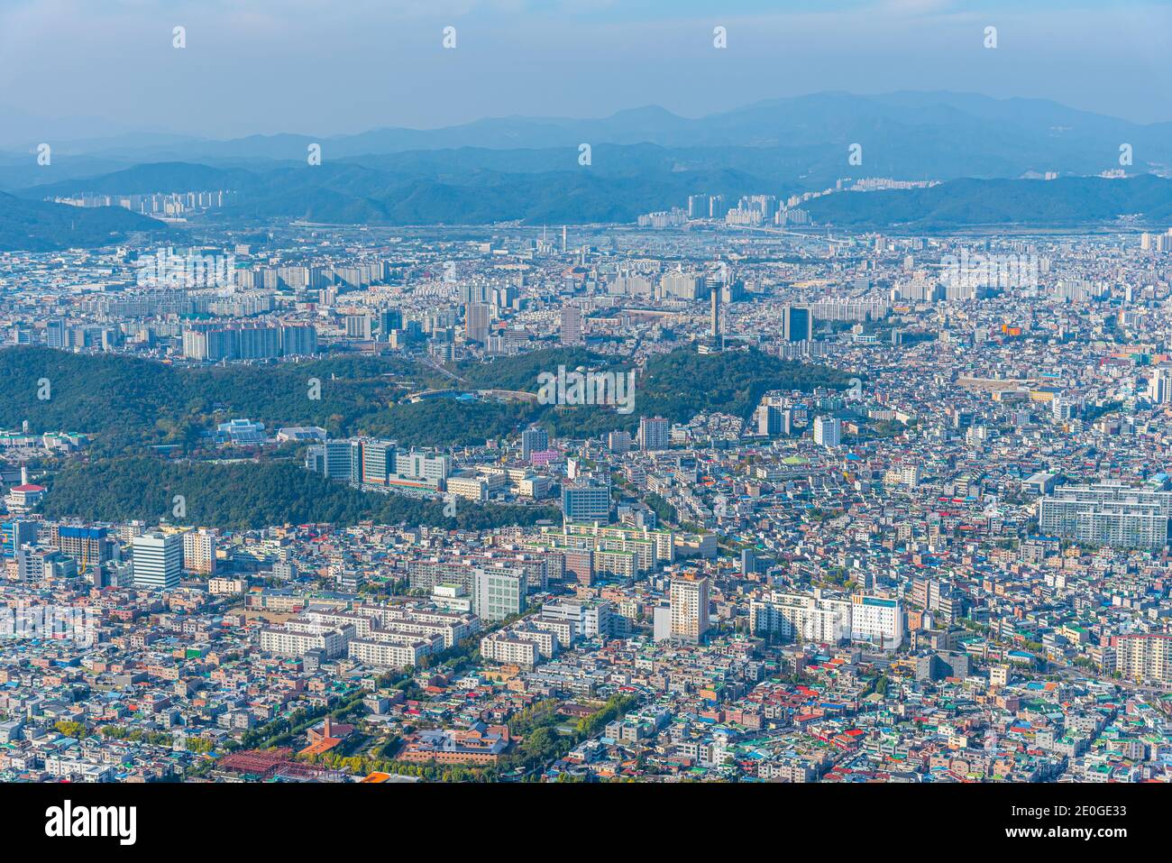 Aerial view of 83 tower from Apsan mountain in Daegu, Republic of Korea ...